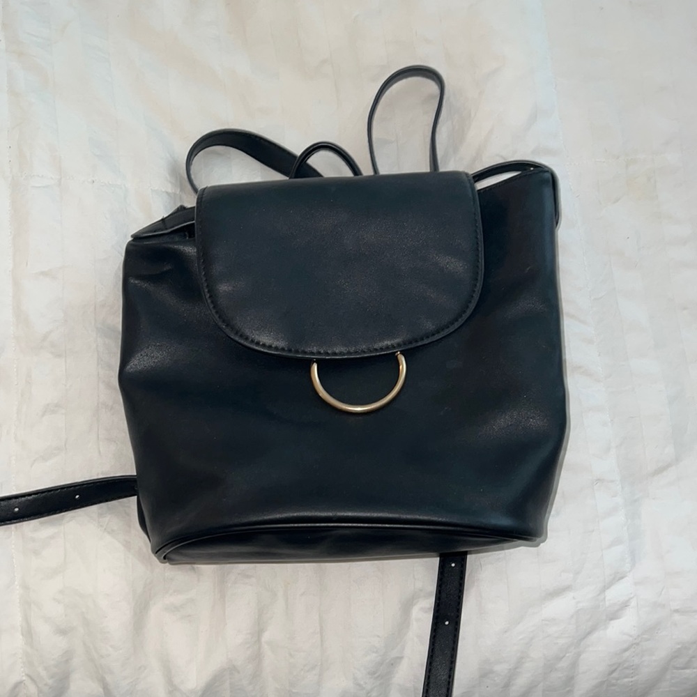 Small Black Backpack Faux Leather Gold Snap - Gem